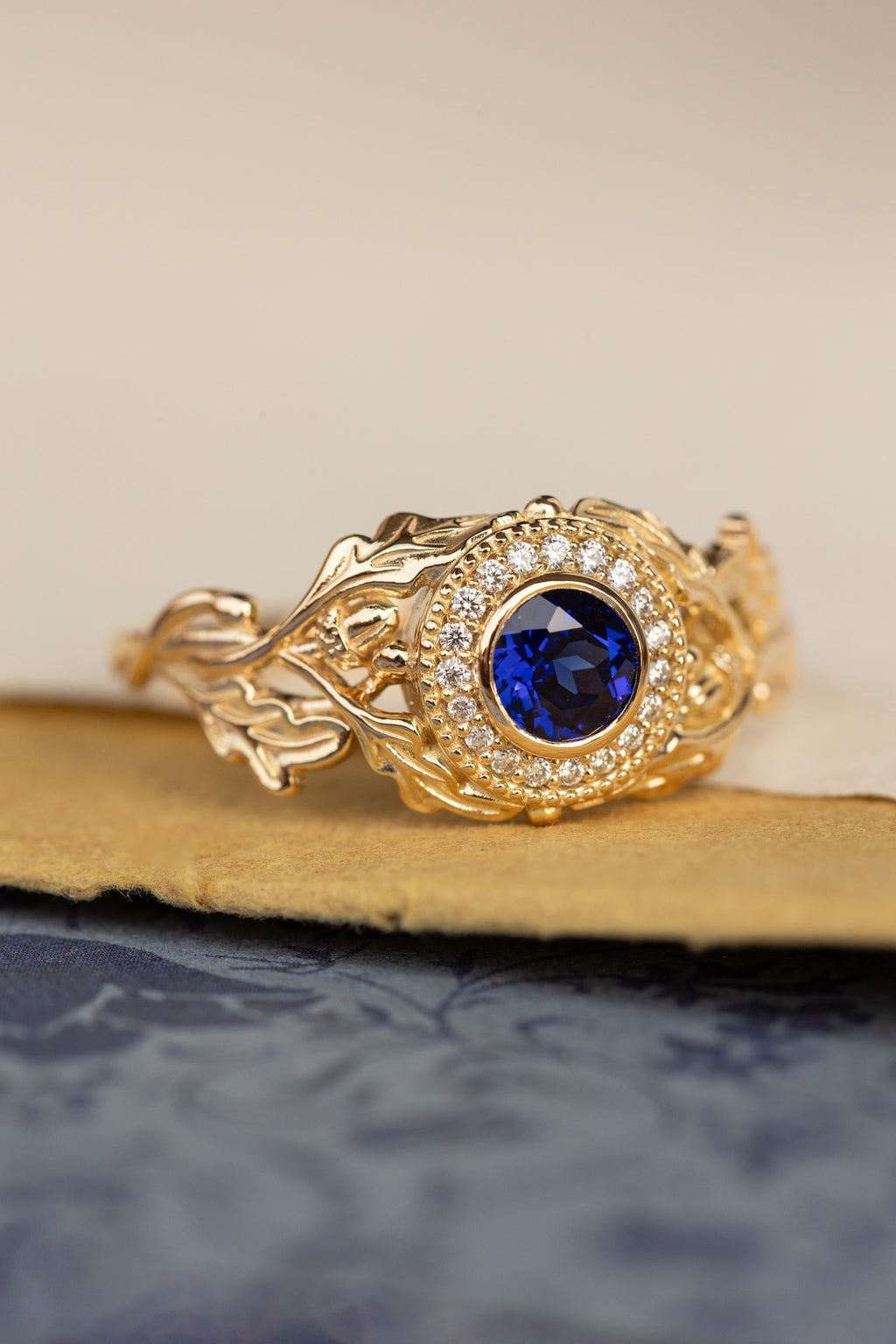 Halo diamond and lab blue sapphire engagement ring, celtic ring with ...