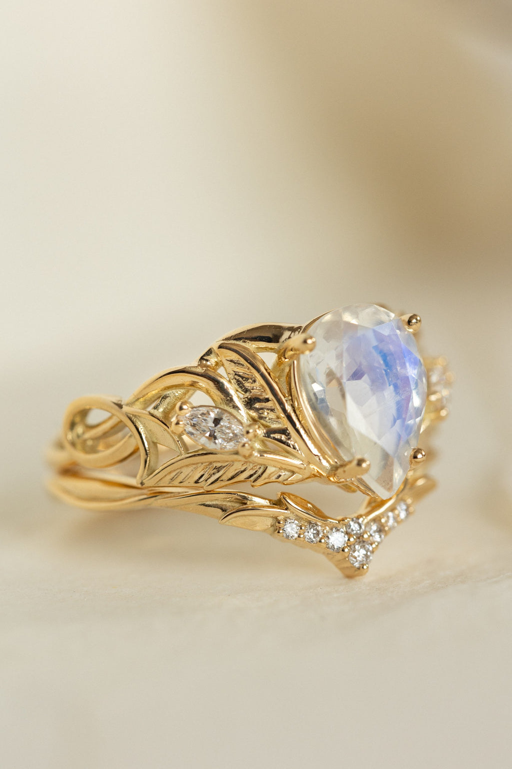 Mythology inspired engagement ring set with moonstone, big pear cut ...