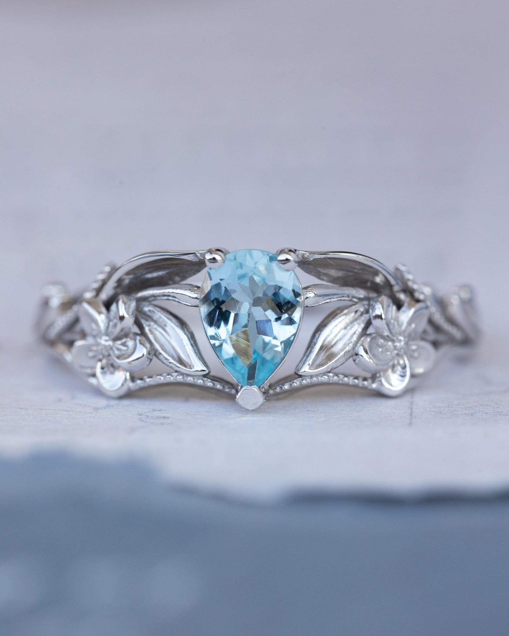 Gold flower engagement ring with natural aquamarine, art nouveau proposal ring / Eloise | Eden ...