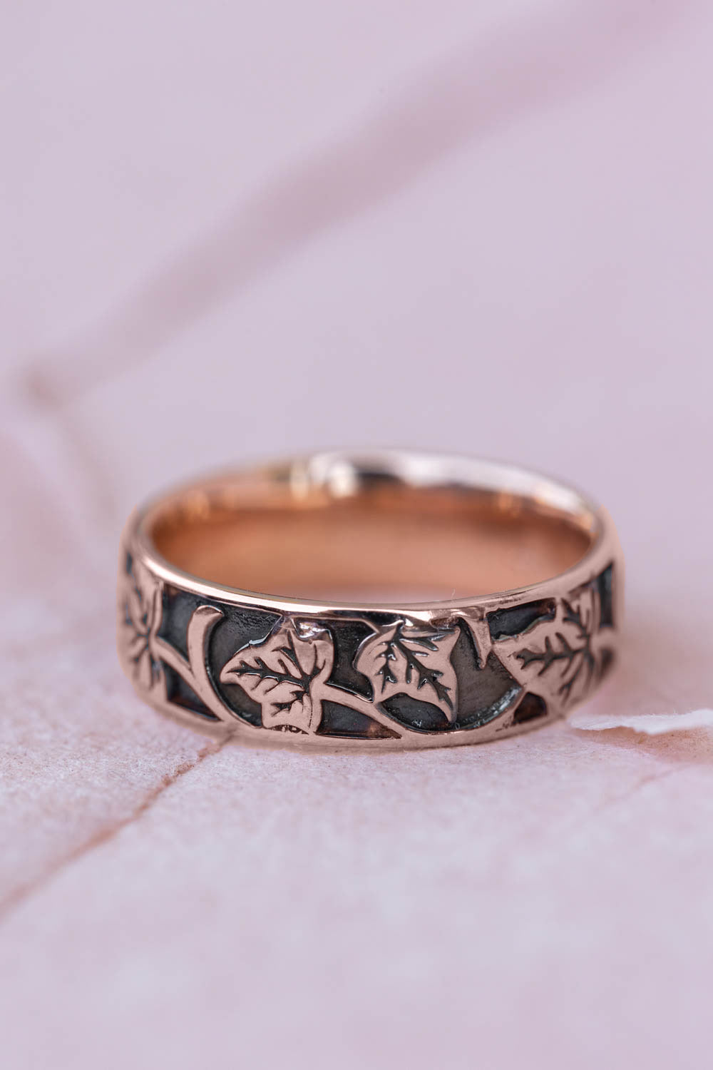 Gold ivy pattern wedding band, men's wedding band with leaf motif ...