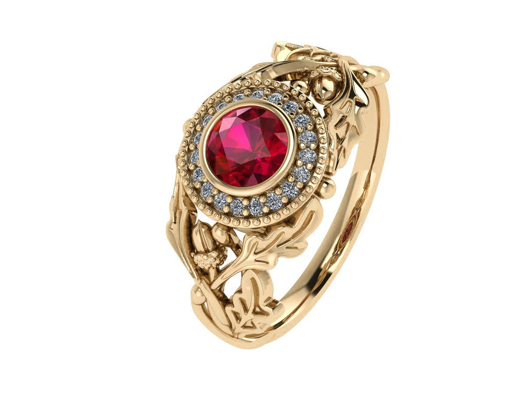 Custom order: Dair ring with a central ruby and natural diamond halo ...