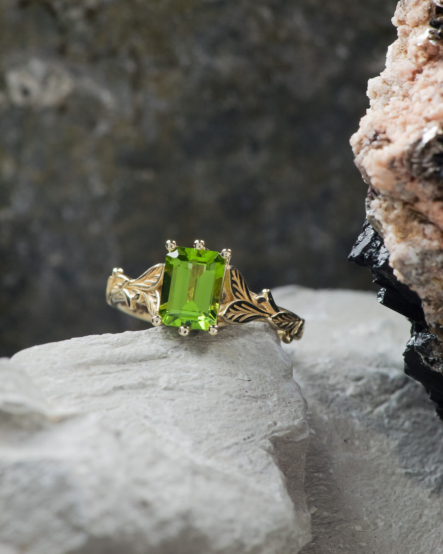 Peridot Engagement Ring | Gold Leaves Engagement Ring – Eden Garden ...