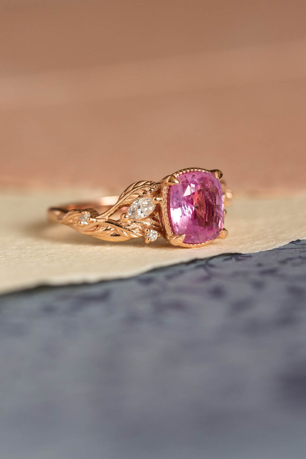 Genuine pink sapphire branch engagement ring, gold leaves and diamonds ...