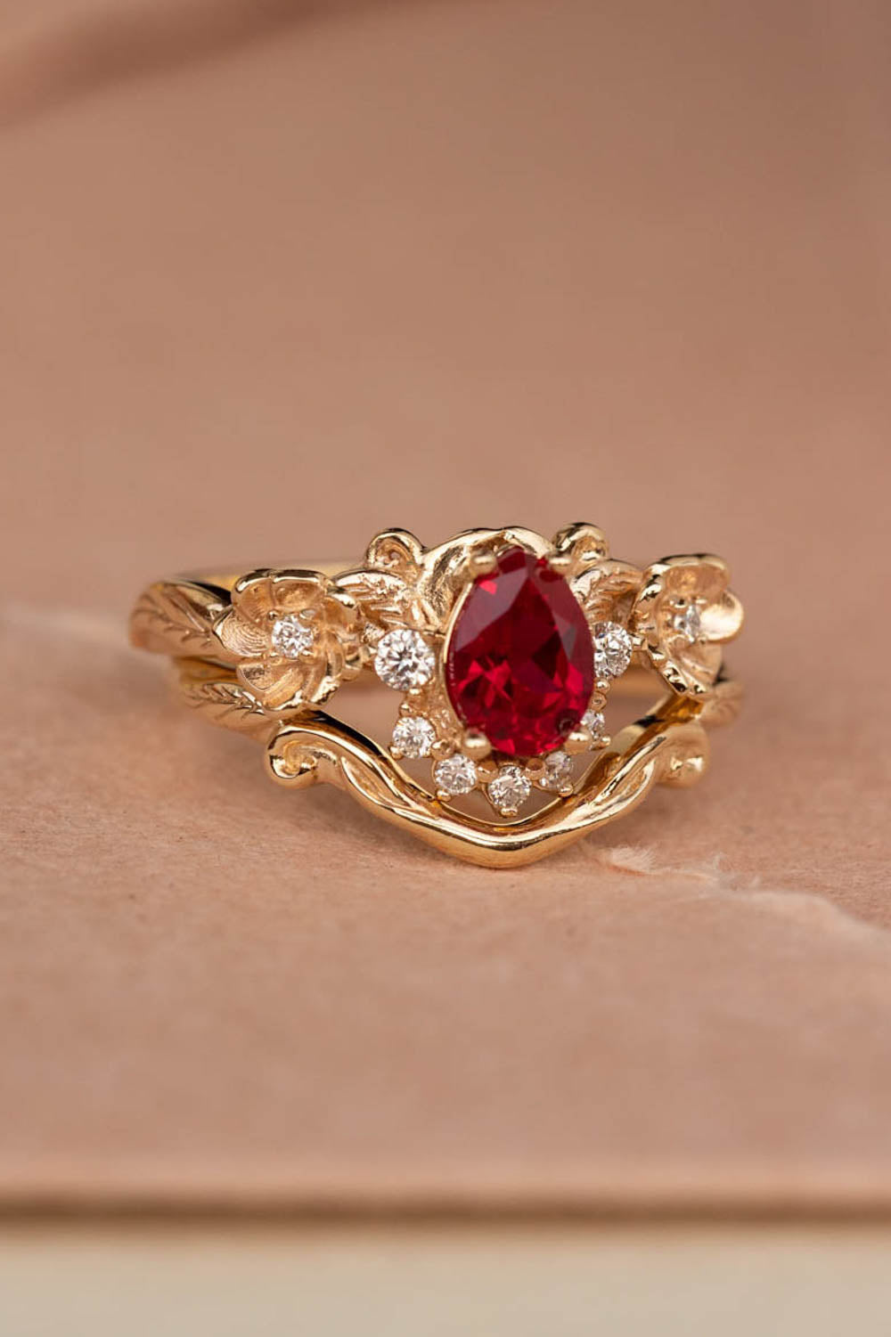READY TO SHIP: Adelina bridal ring set in 14K yellow gold, lab ruby ...