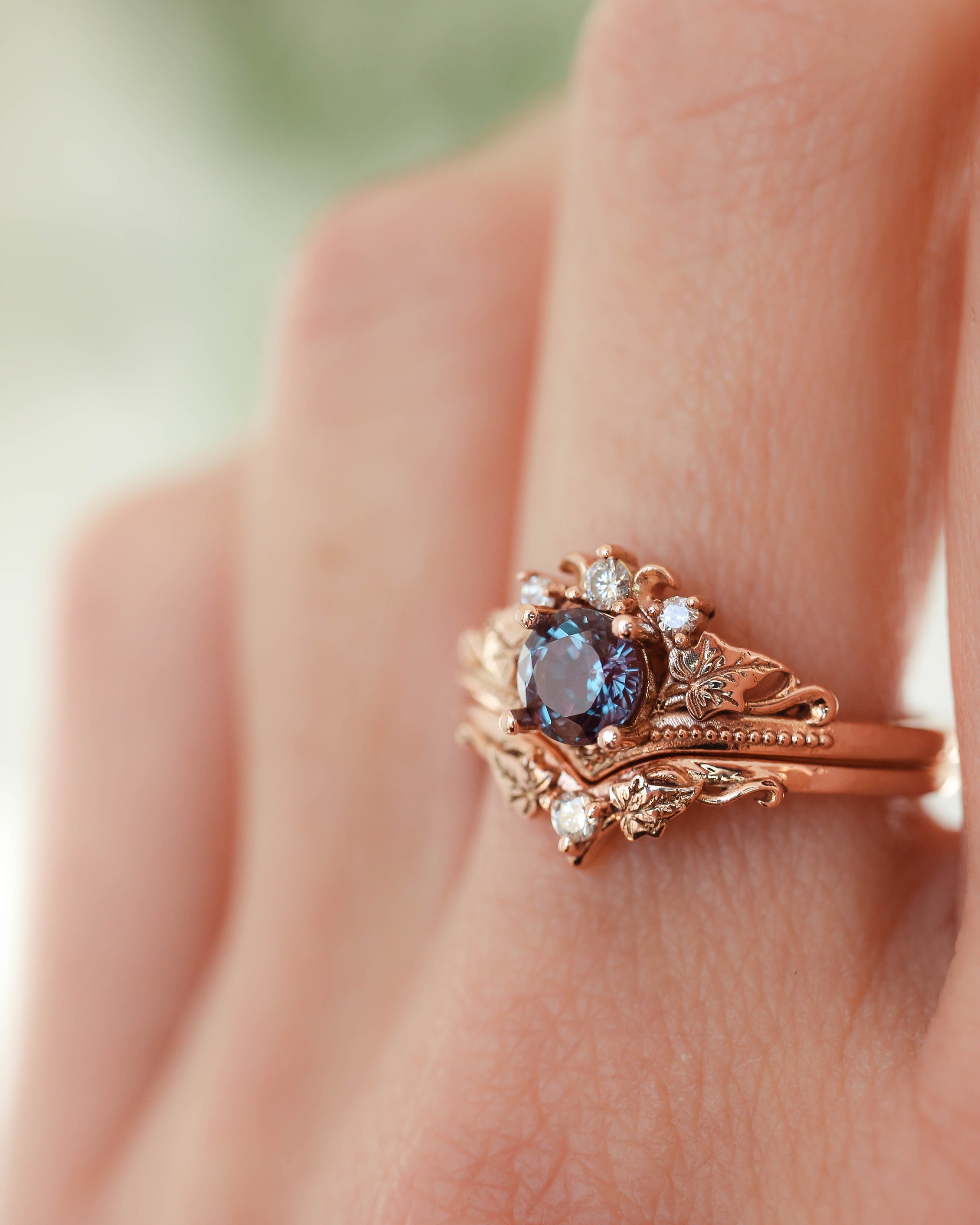 Alexandrite bridal ring set, unique engagement ring, leaf ring – Eden ...