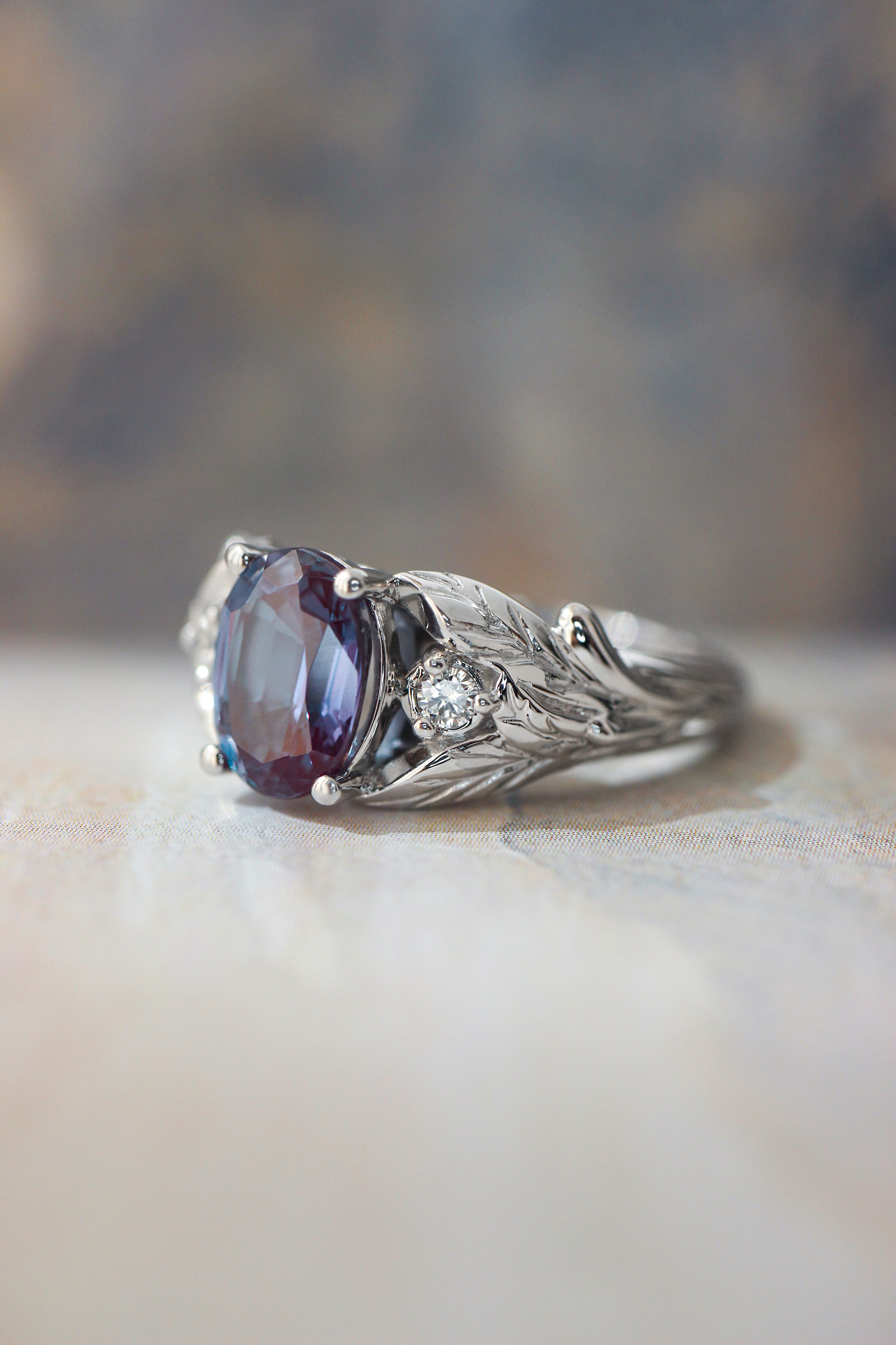 Oval alexandrite ring with diamonds, leaf engagement ring / Wisteria ...