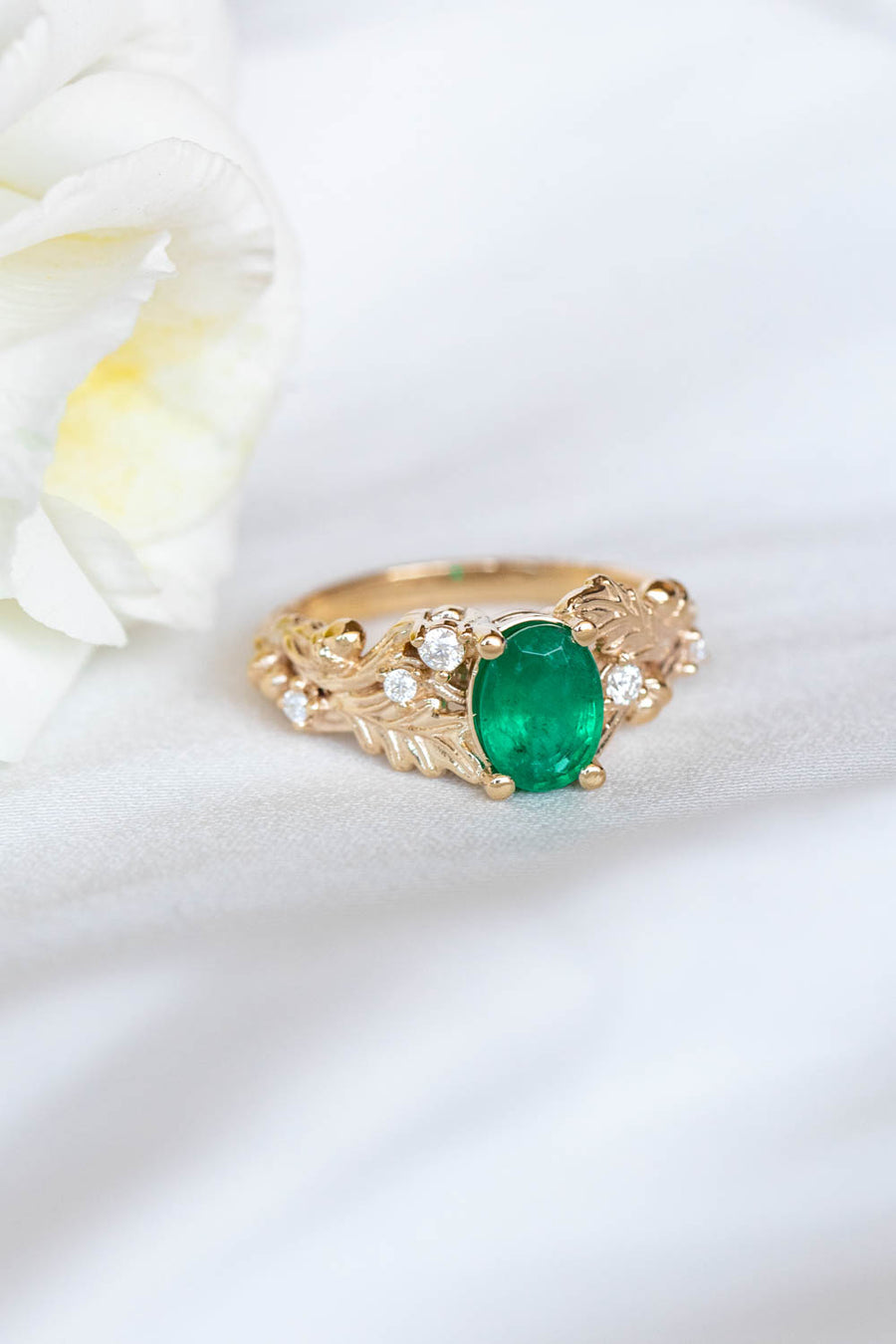 Natural Emerald Oak Leaves Engagement Ring | Gold Ring with Diamonds ...