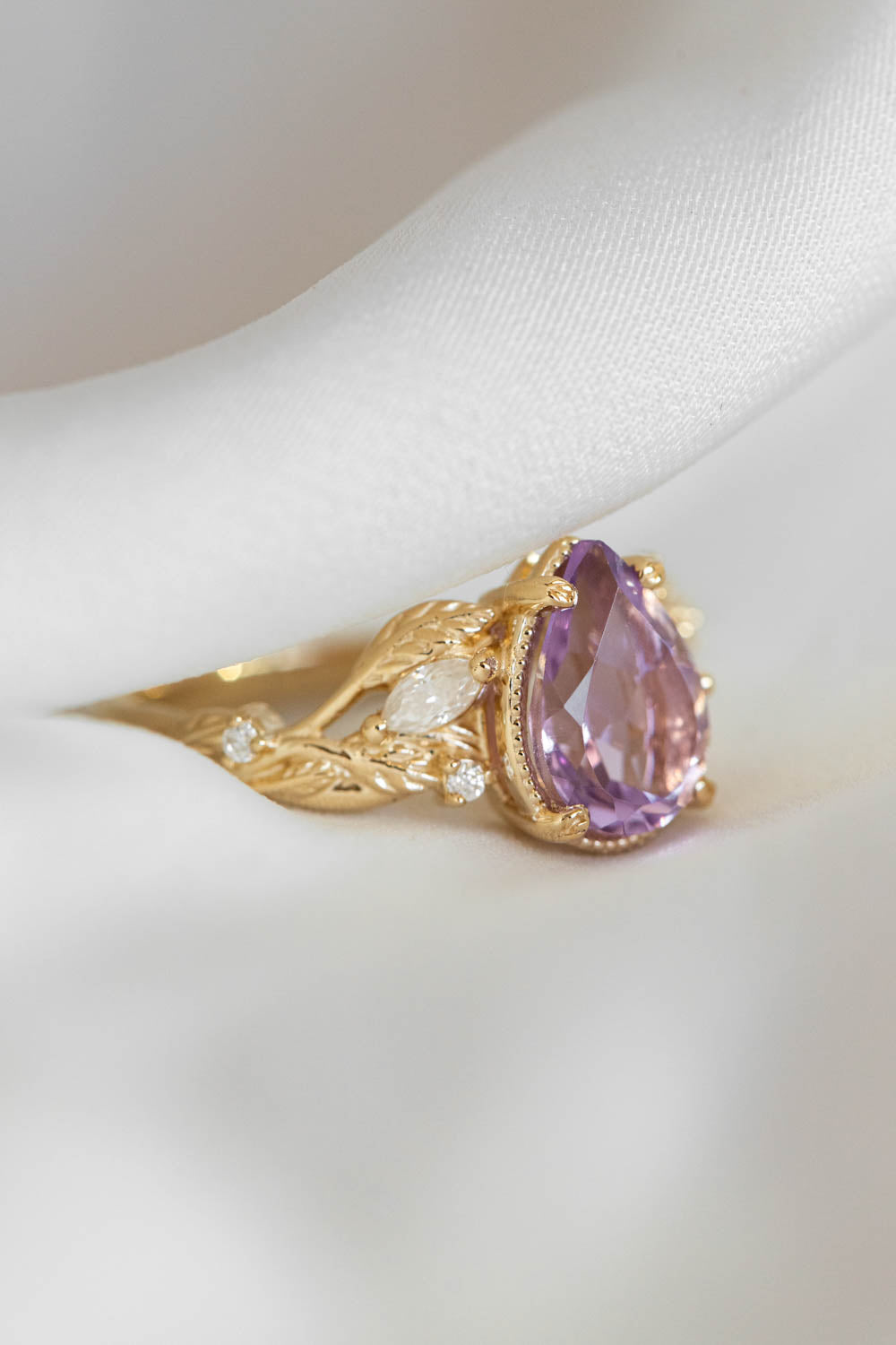 Lavender amethyst nature themed engagement ring, big pear cut gemstone ...
